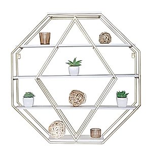 Sheffield Home Decorative Octagonal Metal and Wood Floating Shelf, Gold and White