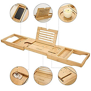 Bamboo Extension Tray for The Bathroom and Relaxation Tool for The Bath, with Holder for Cellphone, Tablet, Candles and More