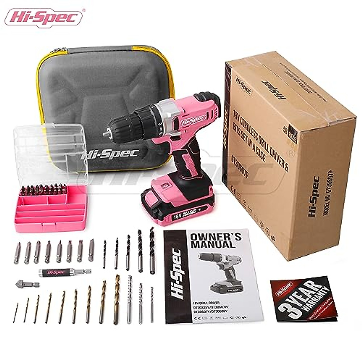 Hi-Spec 58pc Pink 18V Cordless Power Drill Driver, Bit Set & Case. Complete Home & Garage DIY Tool