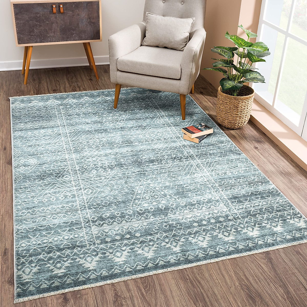 Bloom Rugs Caria Washable Non-Slip 5x7 Rug - Teal/Ivory Geometric Area Rug for Living Room, Bedroom, Dining Room, and Kitchen - Exact Size: 5' x 7'