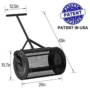 Walensee 24 Inch Compost Spreader Peat Moss Spreader with Upgrade T Shaped Handle for Planting Seeding Durable Lightweight Metal Mesh Spreader for Lawn and Garden Care Manure Spreaders Roller Patented