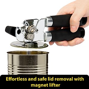 AHRAM Manual Can Opener, Sharp and smooth glide cutting wheel, With magnet lefter, Safe edge, Made with heavy duty materials, With additional glide cutting wheel as a spare part, With a bottle opener