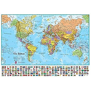 Maps International - Large World Map – Wall Map Poster With Flags – Laminated - 23 x 33
