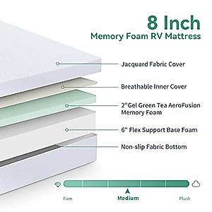 Opoiar RV Mattress 8" Short Queen,Green Tea Medium Firm Memory Foam Mattress in a Box,Pressure Relief,Campers/Trailers/Trucks Mattress in a Box,CertiPUR-US Certified,Made in USA