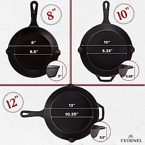 Cuisinel 8"+10"+12"-Inch Cast Iron Skillets Set with Glass Lids + Silicone Handle Holder Covers + Pan Scraper - Pre-Seasoned Oven Cookware - Use Indoor/Outdoor, Grill, Stovetop, Camping Fire, Oven