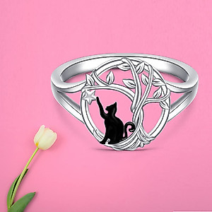Black Cat Rings for Women Cat Ring Tree of Life Ring Cats Remembrance Black Cats Sterling Silver Family Animal Lovers Jewelry Size 8