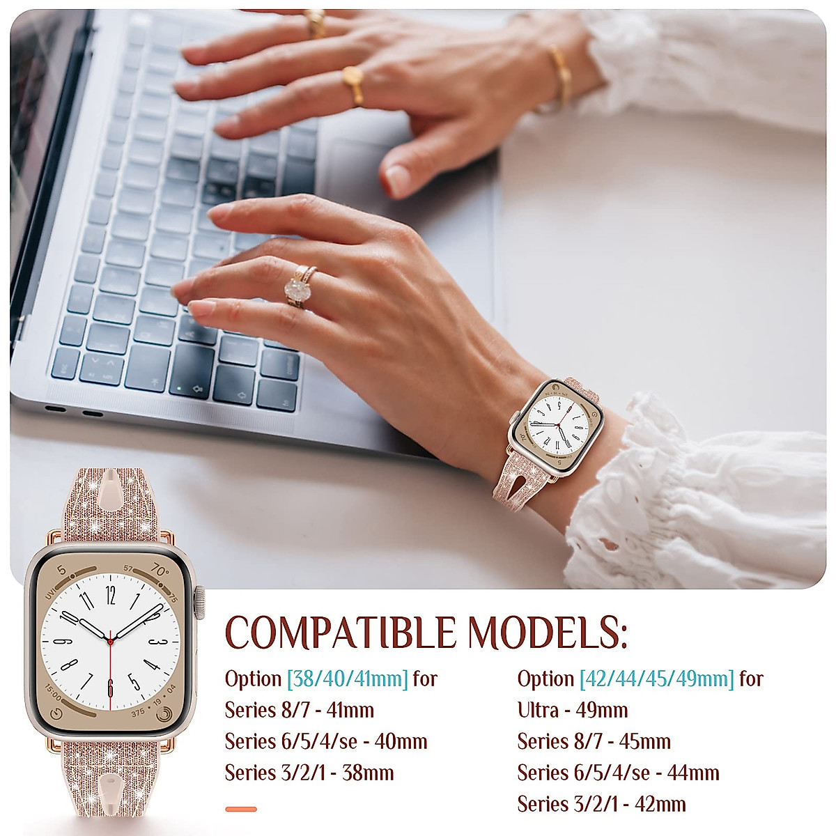 Goton Bling Silicone Band Compatible with Apple Watch 46mm 45mm 44mm 42mm 41mm 40mm 38mm Series 10 9 8 7 6 5 4 3 2 SE Women, Glitter Strap Accessories