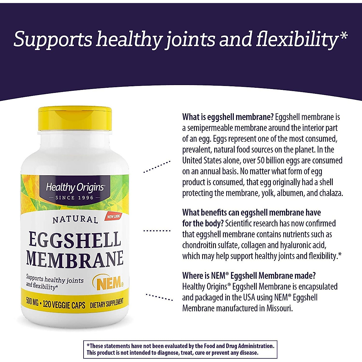 Healthy Origins Eggshell Membrane (NEM), 500 mg - Natural Collagen and Joint Support Supplement - Gluten-Free Supplement - 120 Veggie Capsules