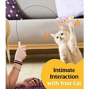 Pawaboo Feather Teaser Cat Toy, Interactive Feather Wand Cat Toy Flying Feather Cat Catcher with Extra Long 35" Wand and Small Bell, Fun Exerciser Playing Toy for Kitten or cat, Orange