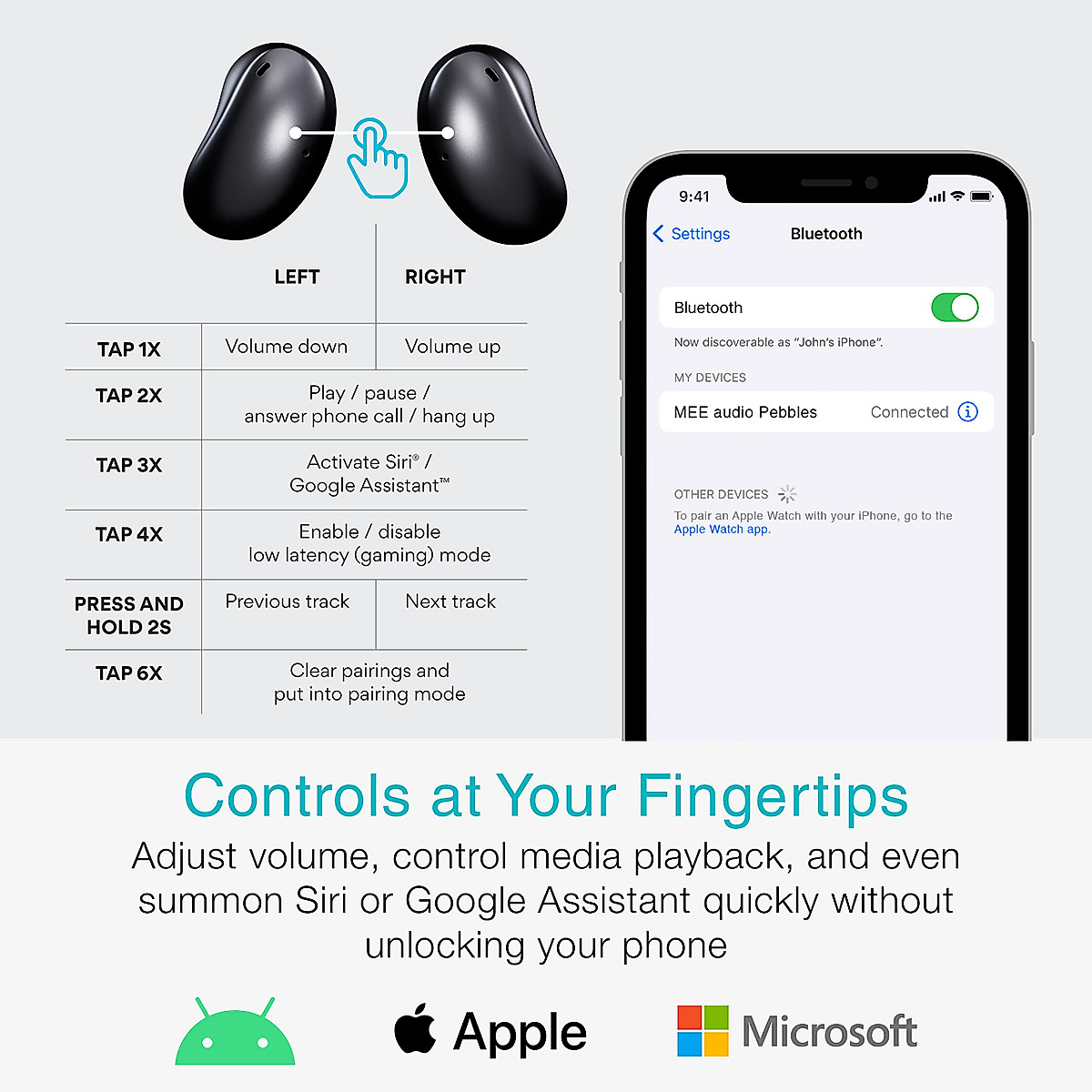 MEE audio Pebbles True Wireless Earbuds - Bluetooth 5.3 Low Profile in Ear Lightweight Headphones with Headset Microphone & Call Noise Reduction for Gym/Workouts/Sports and Gaming, Onyx