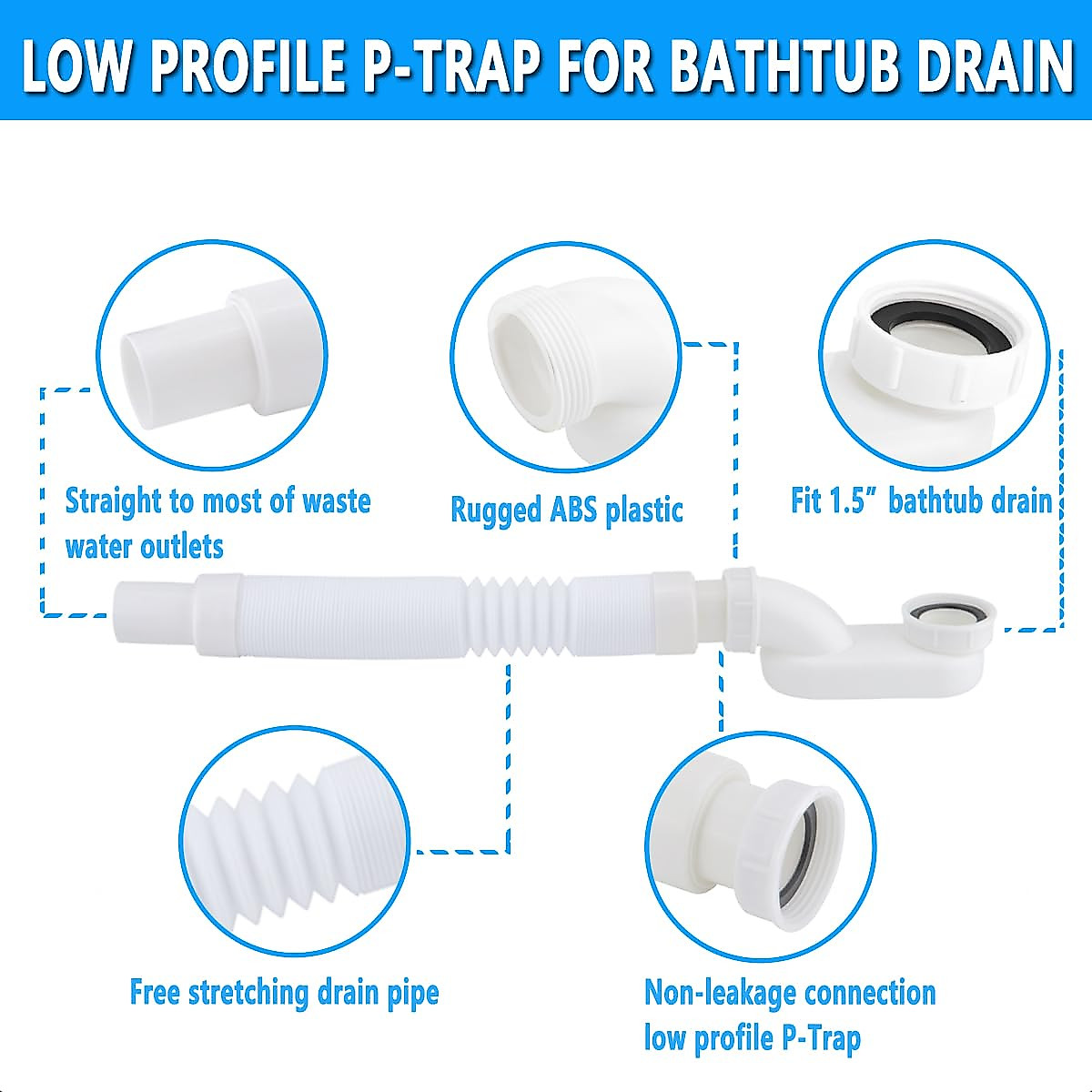 Cinsda Bathtub Shower Drain Pipe, Low Profile Flat 1 1/2 P Trap Kit Flexible Freestanding Tub Drain for Bath