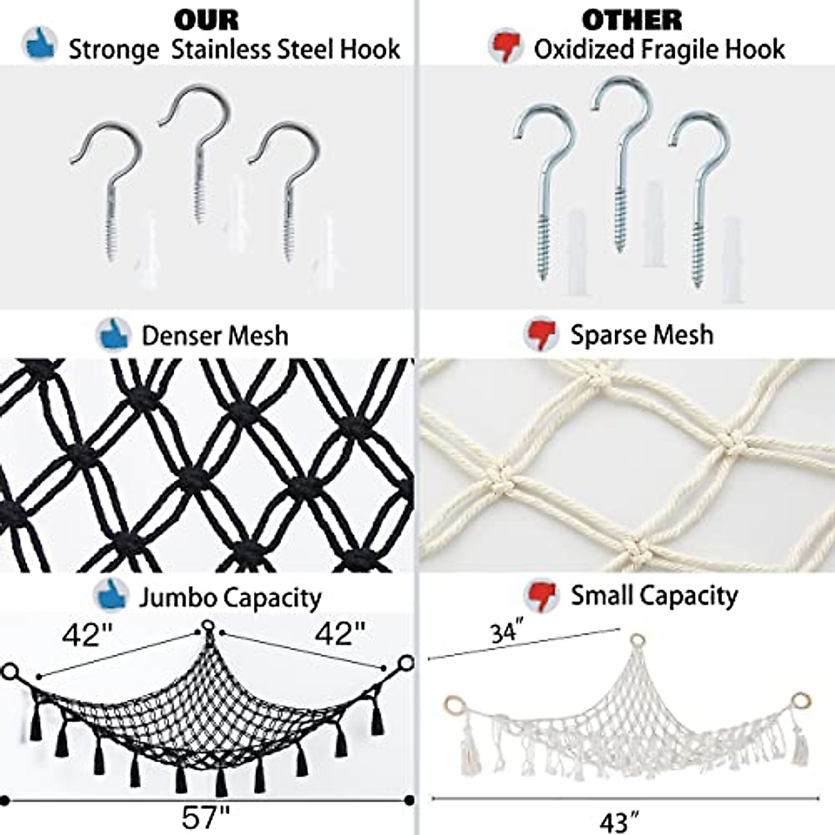 Stuffed Animal Net or Hammock with Light,Yewiwin Macrame Hanging Net Hammock for Stuffed Animal Toy Storage Organizer Boho Decor Room Holder for Nursery Play Room Bedroom (Black)