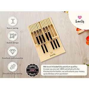 Isabel Lily - Bamboo Kitchen Knife Holder for Drawer | Organize 8 Short and 8 Long Knives and 1 Sharpener | Anti-Slip Surface | Includes Microfiber Cloth