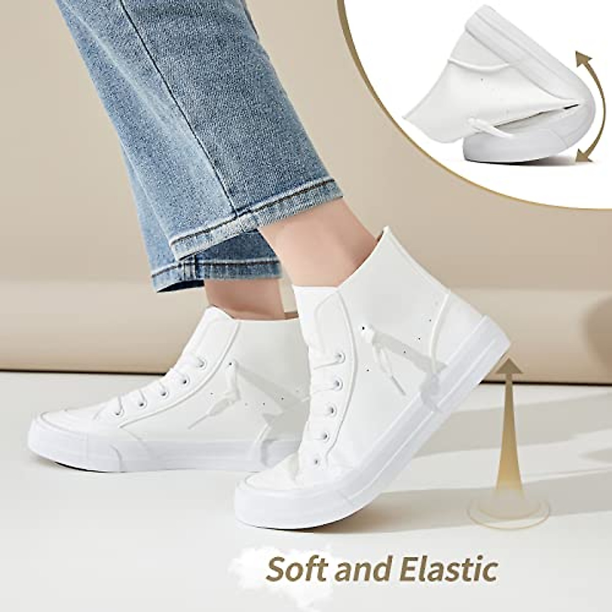 Moudki PU Leather High Top Sneakers for Women, Black and White Casual High Top Shoes, Lace up Women's Fashion Sneakers (Water Resistant)(White,US10.5)