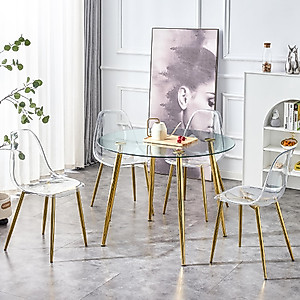 Gold Round Glass Dining Table Set for 4, Modern Kitchen Table and Chairs Set of 4, A Circle Small Round Dining Room Table and Clear Acrylic Chairs juego de comedor de 4 sillas y mesa