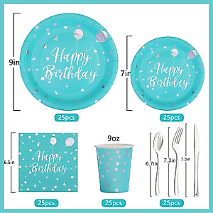 joy akkess 175PCS Teal Birthday Decorations Teal Party Decorations Teal Birthday Plates Serves 25 Guests Birthday Plates and Napkins for Happy Birthday Party Decorations Baby Shower