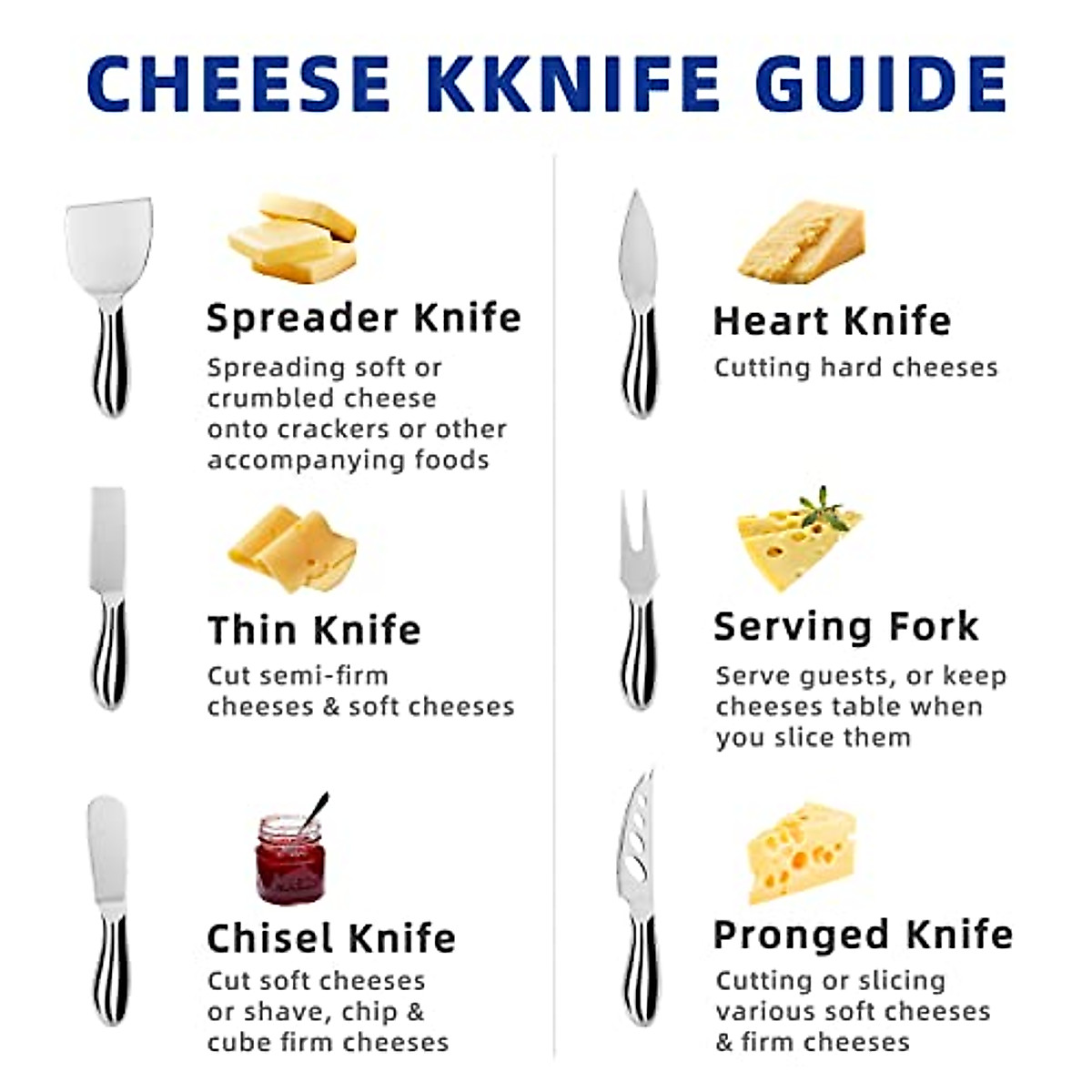 Outamateur 6-Piece Cheese Knives Set,Stainless Steel Cheese Knife Collection of Cheese Slicer/Cutter/Spreader/Fork for Family Parties,Cutlery Gift Set,Charcuterie Boards (6-Piece with SS Handle)