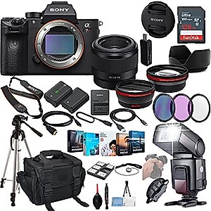 Sony a7R IIIA Mirrorless Camera Bundle - ILCE7RM3A/B with FE 50mm f/1.8 Lens + Prime Accessory Package Including 128GB Memory, TTL Flash, Extra Battery, Software Package, Auxiliary Lenses & More
