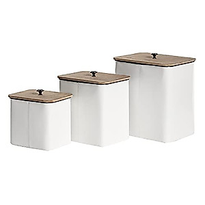 Deco 79 Metal Text Farm House Canisters with Wood Lids, Set of 3 11", 9", 7"H, White