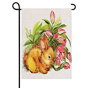 Uanvaha bunny flower Small Garden Flag for Outside Easter rabbit watercolor tulip bouquet spring Burlap Welcome Yard Flags Outdoor Farmhouse Home Decor 12.5X18 Inch