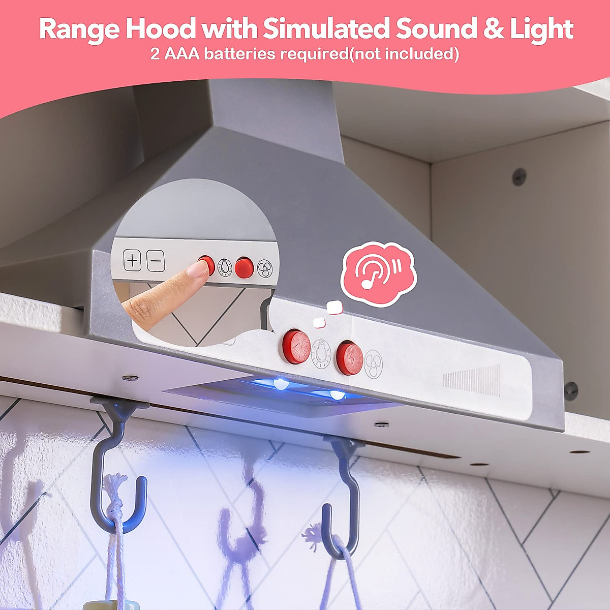 ROBOTIME Wooden Play Kitchen for Kids, Toys Kitchen with Light & Sound & Range Hood, Kids Kitchen Playset with Plenty of Play Features, Pretend Play Kitchen Set for Girls Boys Ages 3+