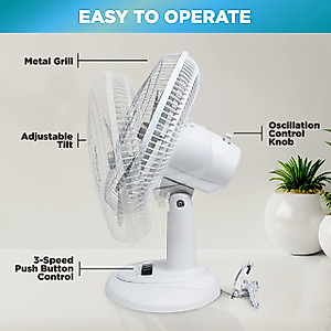 Comfort Zone CZ121WT 12” 3-Speed Oscillating Table Fan with Adjustable Tilt, Convenient Push Button Controls, Quiet Operation, White