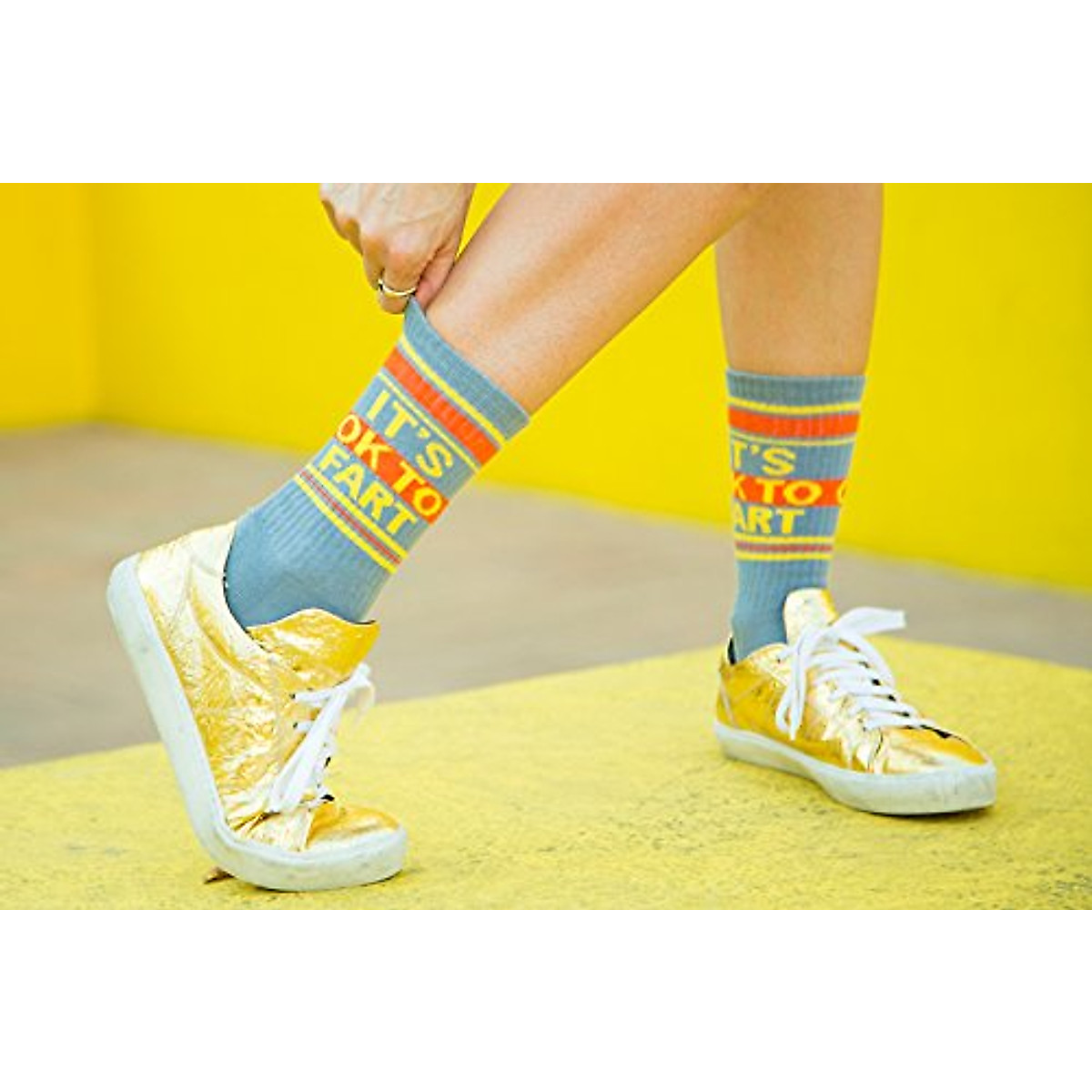 Gumball Poodle IT'S OK TO FART Socks Make A Statement, Unisex Gym Sock: Gray, Orange and Yellow