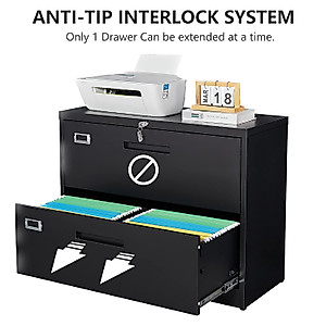 LISSIMO Lateral File Cabinet, 2 Drawer Metal Filing Cabinet with Lock, Home Office Storage for A4, Letter Size, Hanging File Folders(Black)