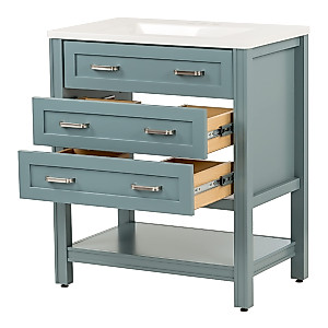 Spring Mill Cabinets Eaton Bathroom Vanity with 2 Drawers, Open Shelf, and White Sink Top, 30.25" W x 18.75" D x 35.41" H, Sage