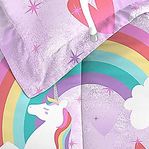 dream FACTORY Kids 5-Piece Complete Set Easy-Wash Super Soft Microfiber Comforter Bedding, Twin, Purple Unicorn Rainbow