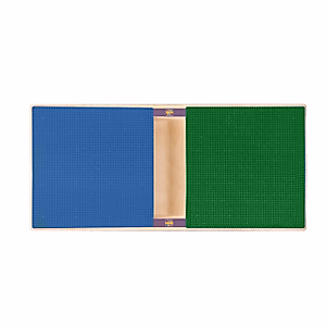 Time-2-Play Montessori Play Table, Reactangular Birch Plywood Blue & Green Lego Compatible Building Blocks Table with Trough and Wheels for Kids 18”-29” Adjustable Legs