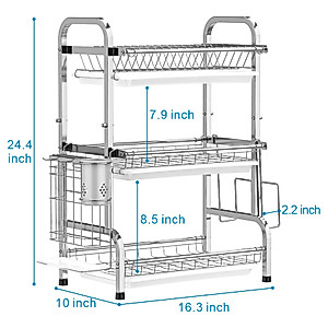 GSlife Dish Drying Rack, Stainless Steel 3 Tier Dish Rack with Tray Utensil Holder, Large Capacity & Rustproof Dish Drainer for Kitchen Counter, Silver