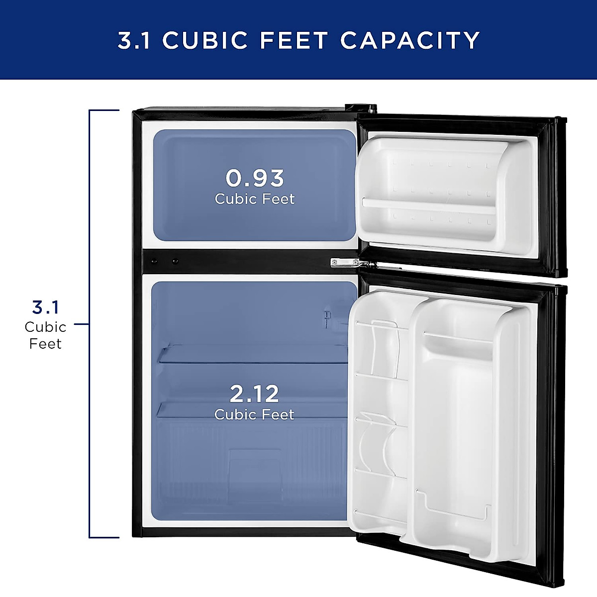 GE Mini Fridge With Freezer | 3.1 Cubic Ft. | Double-Door Design With Glass Shelves, Crisper Drawer & Spacious Freezer | Small Refrigerator Perfect for the Garage, Dorm Room, or Bedroom | Black