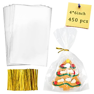 Labeol Cellophane Bags 450Pcs 4X6 Treat Bags with Ties Goodie Bags Clear Plastic Bags for Packaging Party Favor Gift Cookie Candy Bakery Valentines Day Easter Cellophane Wrap