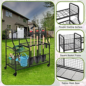 biosp 3-Tier Garden Tool Organizer for Garage, Utility Yard Tool Stand Holder Shelves with Wheels, Heavy duty Shed Tool Storage Rack with Multiple Hooks & Basket, Up to 18 Long-Handled Tools, Black