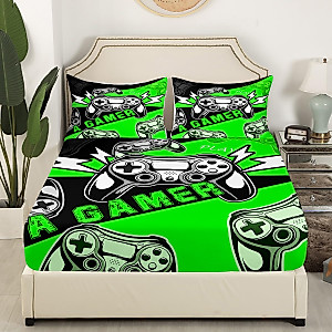 Erosebridal Gamer Bedding Sets for Boys Girls Kids,Gamepad Gaming Sheets Full Size Modern Game Room Decor,Games Console Fitted Sheet Black Green Bedroom Decor with 2 Pillowcases
