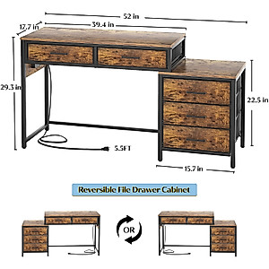 Hyomdeck Computer Desk with 5 Drawer, Reversible Office Desk with Power Outlets and USB Charging Port, Sturdy Writing Table with File Cabinet Printer Stand, PC Desk for Small Spaces, Rustic Brown