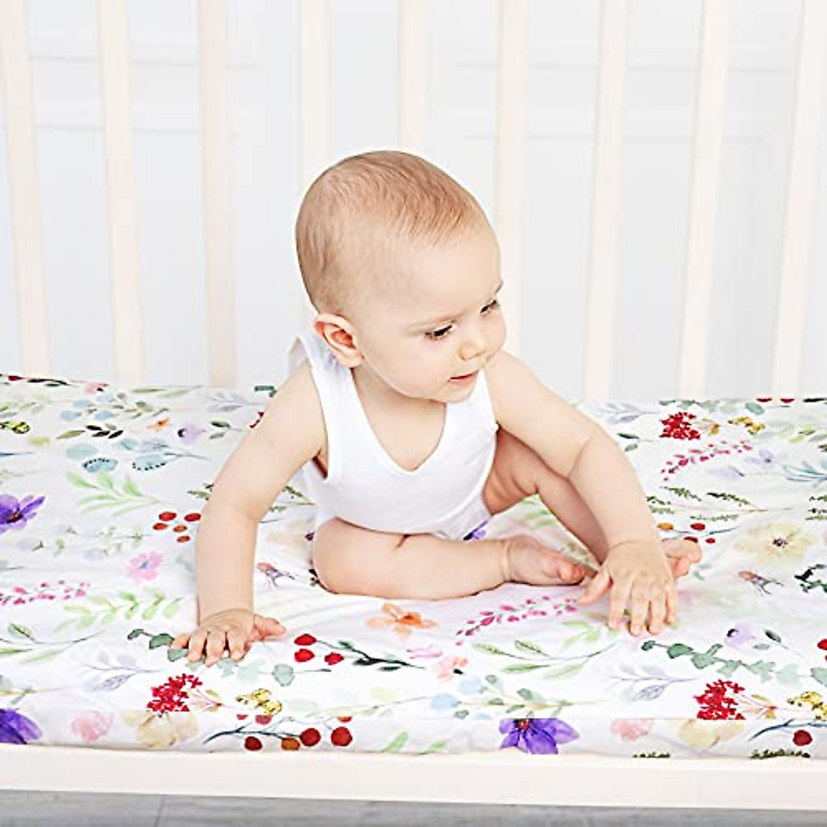 Baby Fitted Crib Sheet Soft and Breathable Polyester for Standard Crib and Toddler Mattresses, White Watercolor Floral, for Boys and Girls