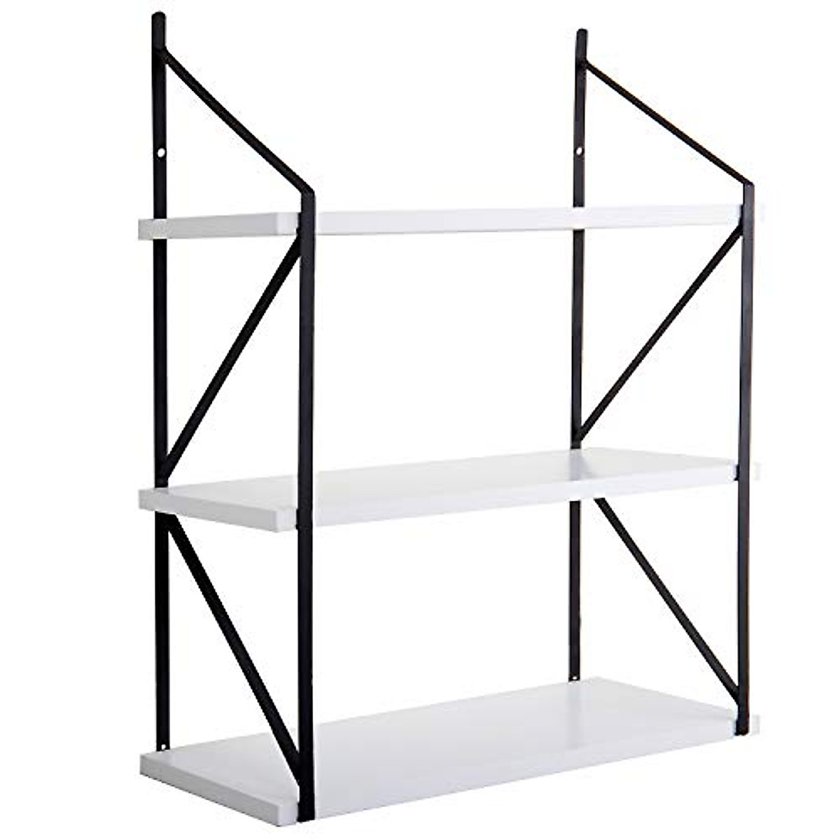 MyGift 3-Tier Farmhouse White Wood Wall Floating Shelves - 23 Inch Wall-Mounted Organization Wooden Shelf Rack with Black Metal Brackets