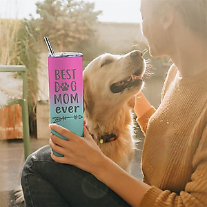 Xisilin Dog Mom Gifts For Women Dog Themed Gifts For Dog Mom- 20oz White Best Dog Mom Ever Travel Tumbler - Christmas Birthday Presents For Dog Lovers Female Women Teen Girls Water Cup With Lip Straw