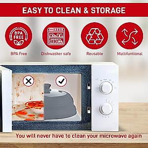 Microwave Splatter Cover Glass - Collapsible Microwave Splatter Cover for Plate & Bowl - Tempered Glass Top, Food-Grade Silicone Dome with Heating Vents & Heat-Safe Handle