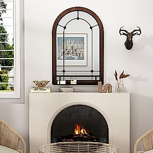 AZODY Arched Window Wall Mirror with Shelf, 36''x24'' Brown Hanging Entryway Mirror, Decorative Mirrors for Wall Decor, Living Room, Bathroom Vanity