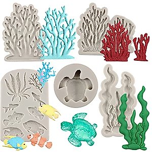 MYPRACS Marine Theme Fondant Silicone Mold Seaweed Sea Fish Coral Sea Turtle Chocolate Candy Mold For Sugar Cake Decorating Cupcake Topper Gum Paste Polymer Clay Set Of 5