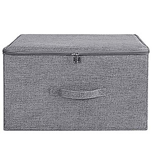 ANMINY 2PCS Storage Bins with Zipper Lid Handles Storage Boxes PP Plastic Board Foldable Lidded Cotton Linen Fabric Home Cubes Baskets Closet Clothes Organizer Containers - Gray, Large Size