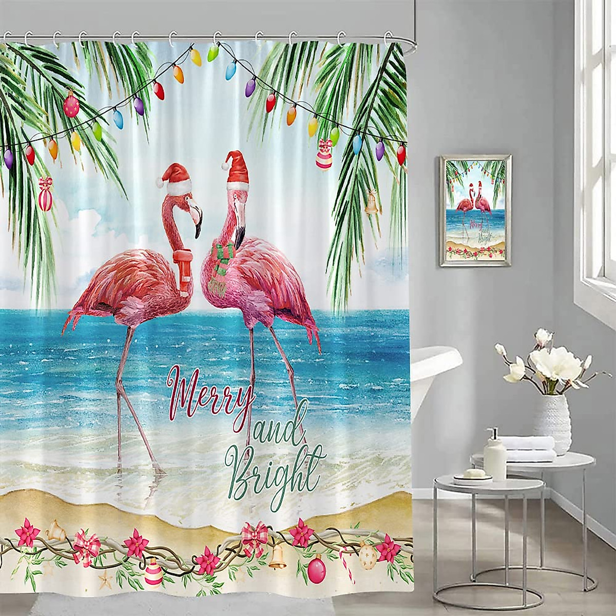 XHCEOH Christmas Pink Flamingo Shower Curtain Tropical Beach Funny Xmas Hat New Year Holiday Home Farmhouse Bathroom Decor Curtains Fabric Set with Hooks, 70Wx70H inch