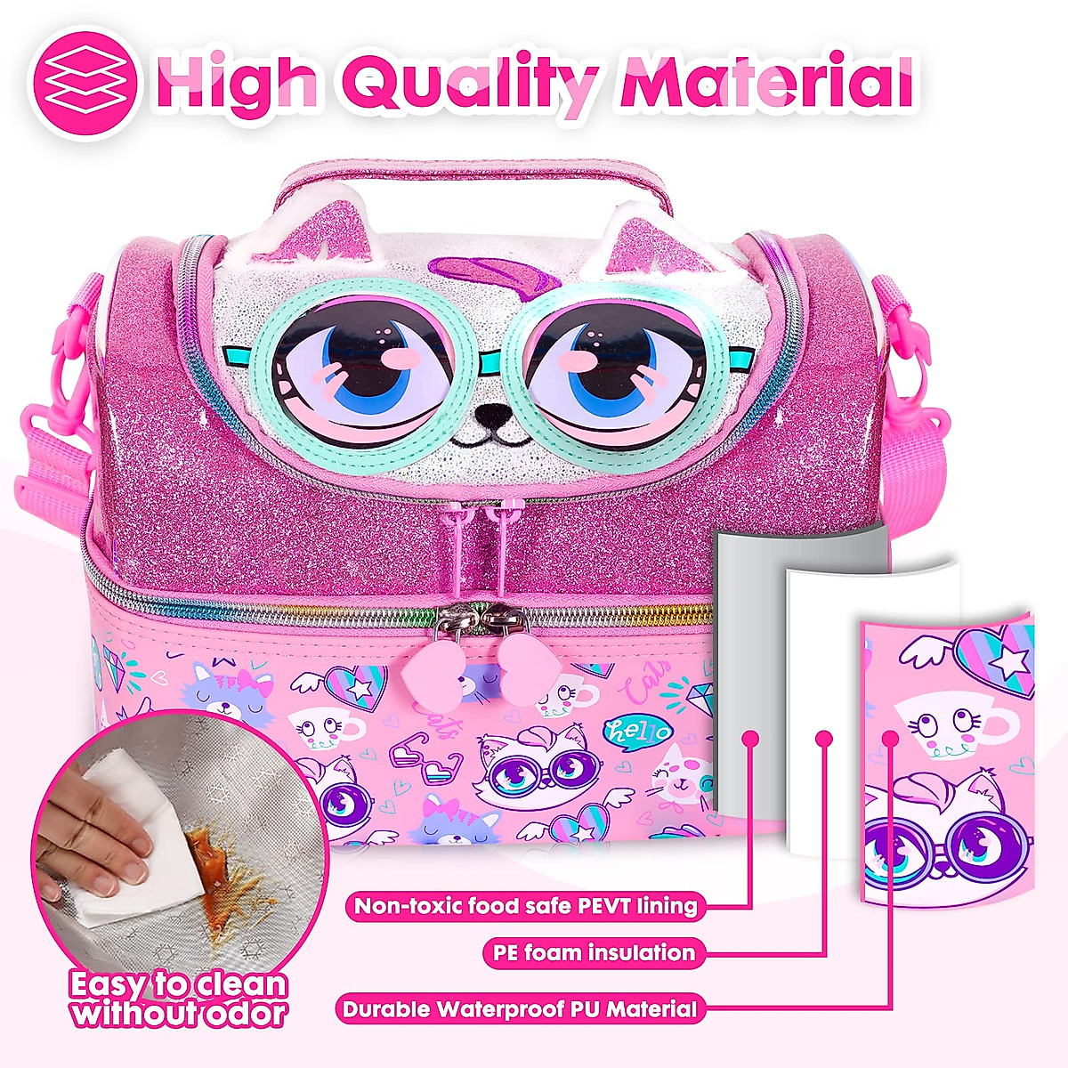 YOYTOO Kids Double Decker Cooler Insulated Lunch Bag Large Tote for Boys, Girls, Men, Women, with Adjustable Strap, Cat