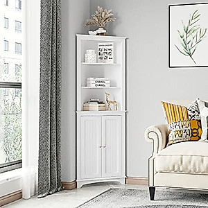 Spirich Home Tall Corner Cabinet with Two Doors and Three Tier Shelves, Free Standing Corner Storage Cabinet for Bathroom, Kitchen, Living Room or Bedroom, White