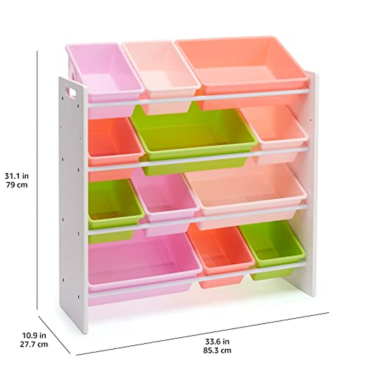 Amazon Basics Kids Toy Storage Organizer With 12 Plastic Bins, White Wood With Pink Bins, 10.9" D x 33.6" W x 31.1" H