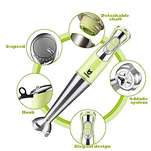 Immersion Hand Blender, UTALENT 5-in-1 8-Speed Stick Blender with 500ml Food Grinder, BPA-Free, 600ml Container,Milk Frother,Egg Whisk,Puree Infant Food, Smoothies, Sauces and Soups - Green