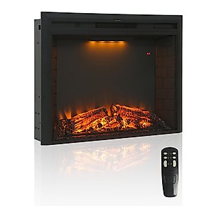 CASAINC 28'' Electric Fireplace Insert, Recessed LED Mantel Fireplace, Low Noise w/Thermostat Heater,1-9 H Timer and Remote Control, Adjustable Flame 3 Colors & 5 Brightness, 1500/750W-Black